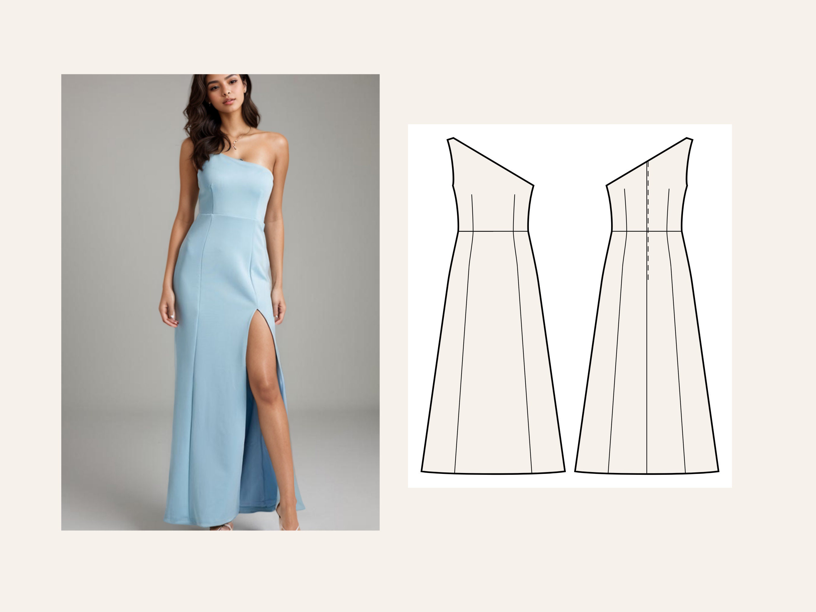 One Shoulder Dress Sewing Pattern Slit Dress Sewing Pattern Evening ...