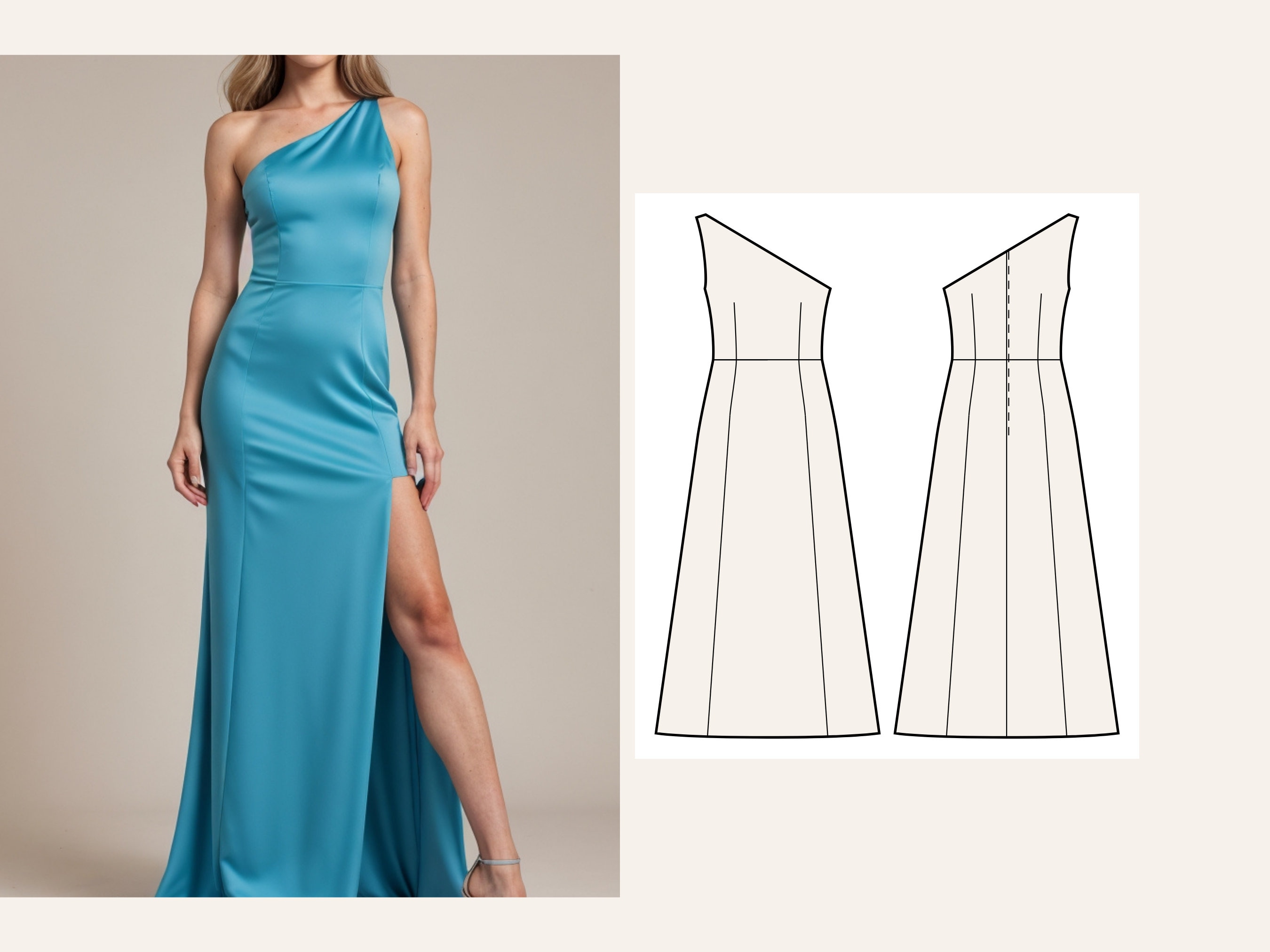 One Shoulder Dress Sewing Pattern Slit Dress Sewing Pattern Evening ...