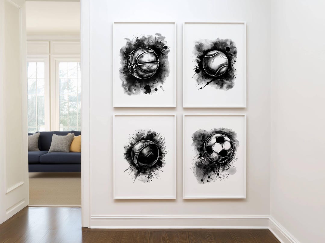 Black and White Sports Wall Art Set of 4, Ball Prints for Boys Room ...