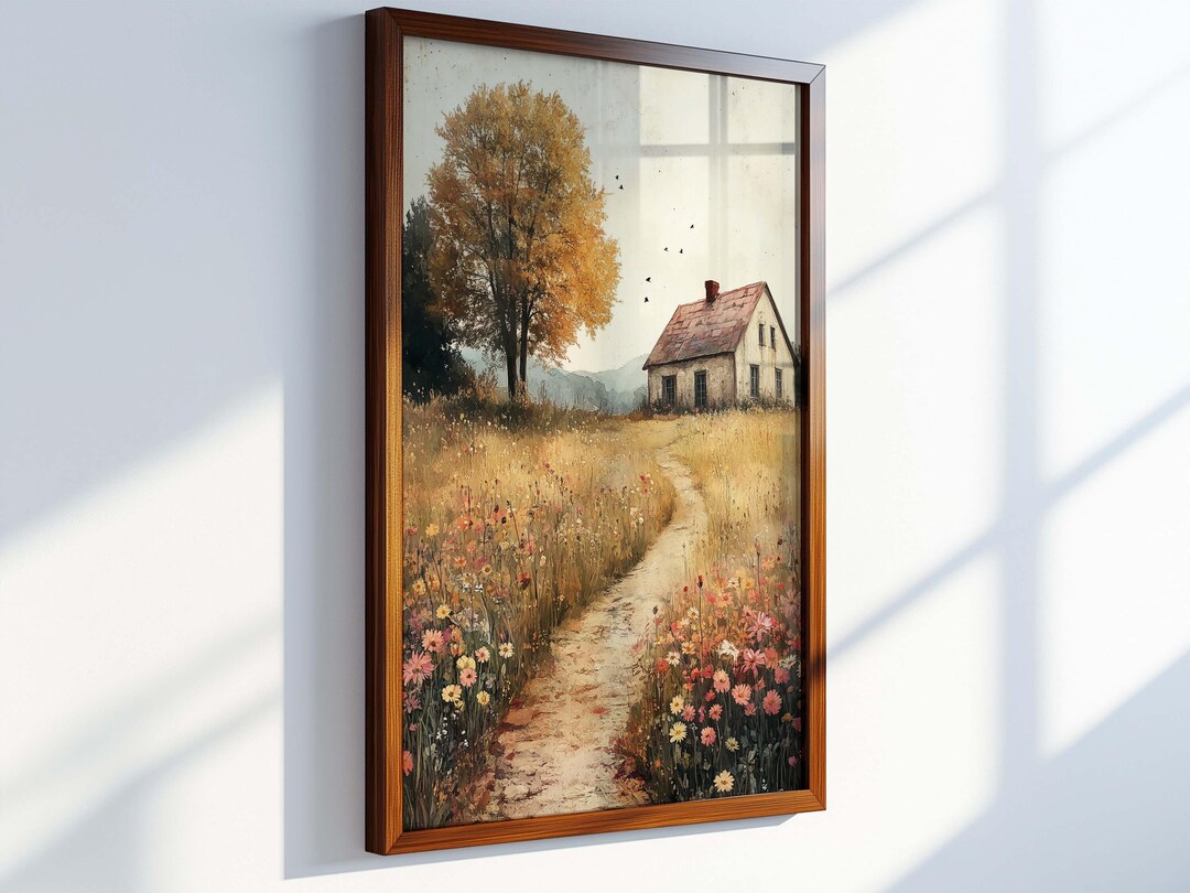Cottage Wall Art Print, Rustic Farmhouse Landscape With Wildflowers and ...