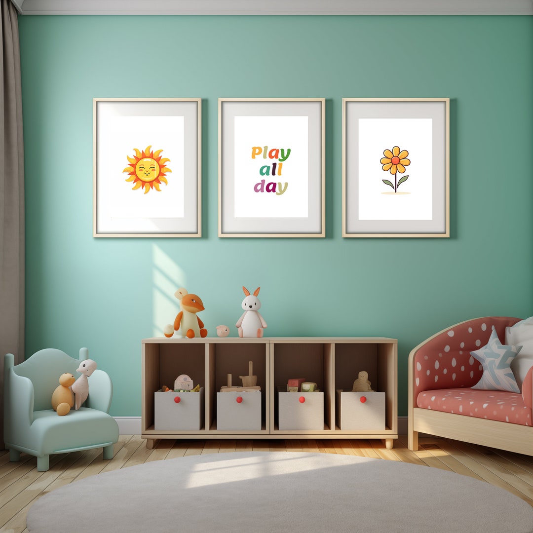 Play All Day Printable Set of 3, Nursery Wall Art, Playroom Sign ...