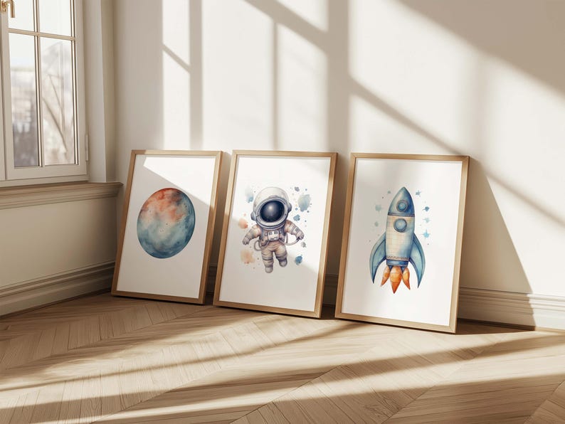Astronaut Wall Art Set of 3, Space Nursery Decor, Rocket Planet Poster ...
