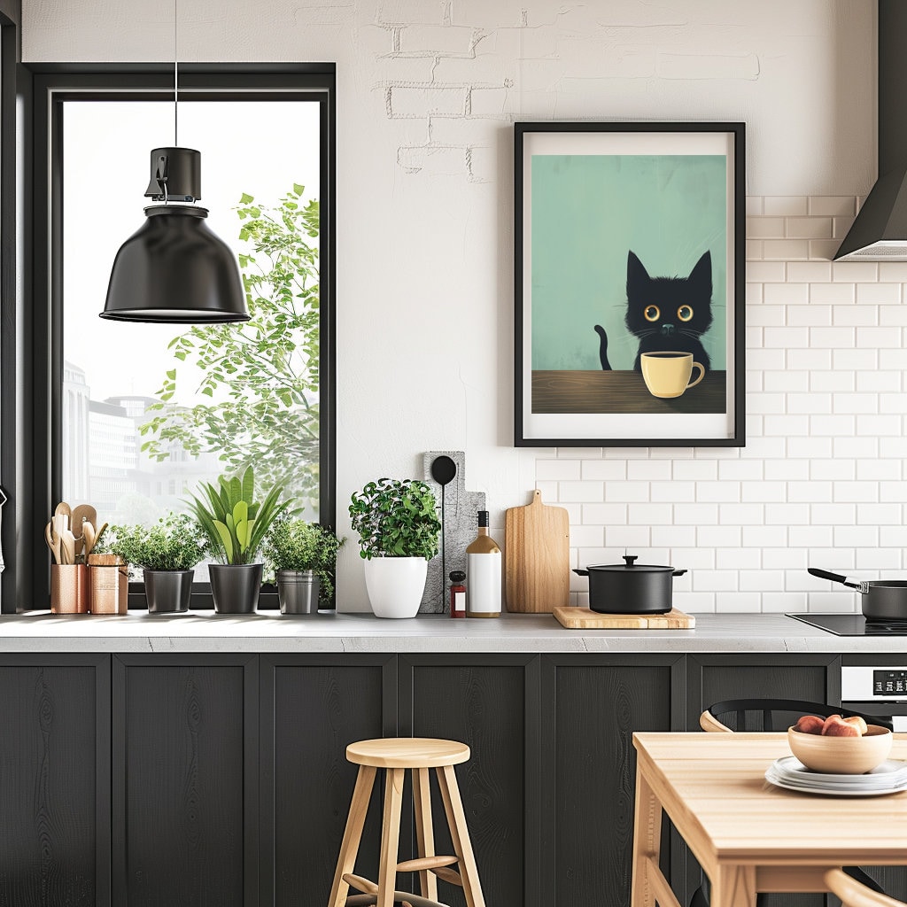 Coffee Print, Black Cat Print of Coffee Drinking, Modern Kitchen Decor, Bistro Coffee Posters ...
