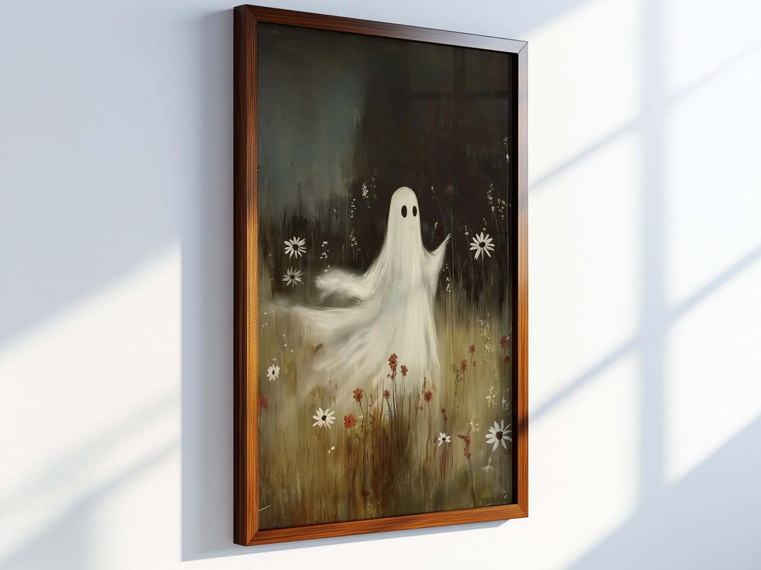 Ghost in Wildflower Meadow Art Print, Spooky Fall Wall Decor, Whimsical ...