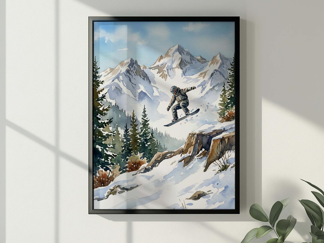 Snowboard Wall Art: Watercolor Mountain Rider Winter Sports Print ...