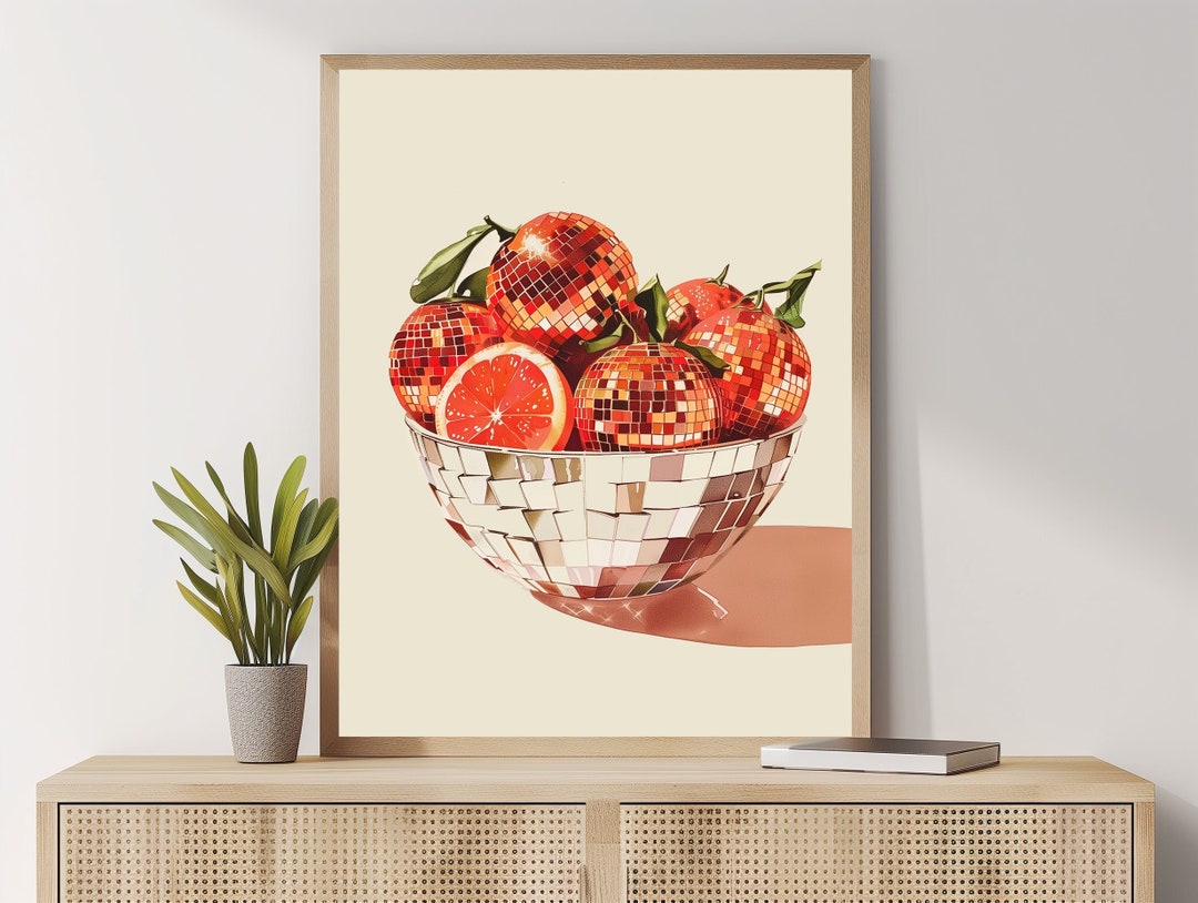 Retro Disco Mirror Ball Oranges Print: Girly Bar Cart Decor (digital ...