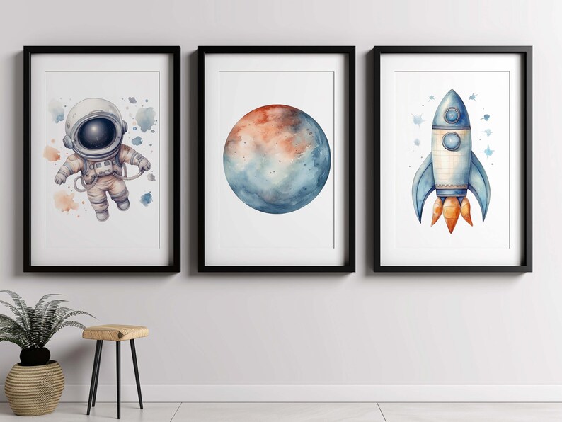 Astronaut Wall Art Set of 3, Space Nursery Decor, Rocket Planet Poster ...