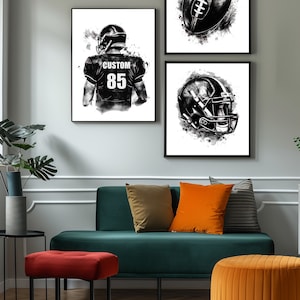 Personalized Football Art Print Set: Black & White Jersey, Helmet, Ball ...