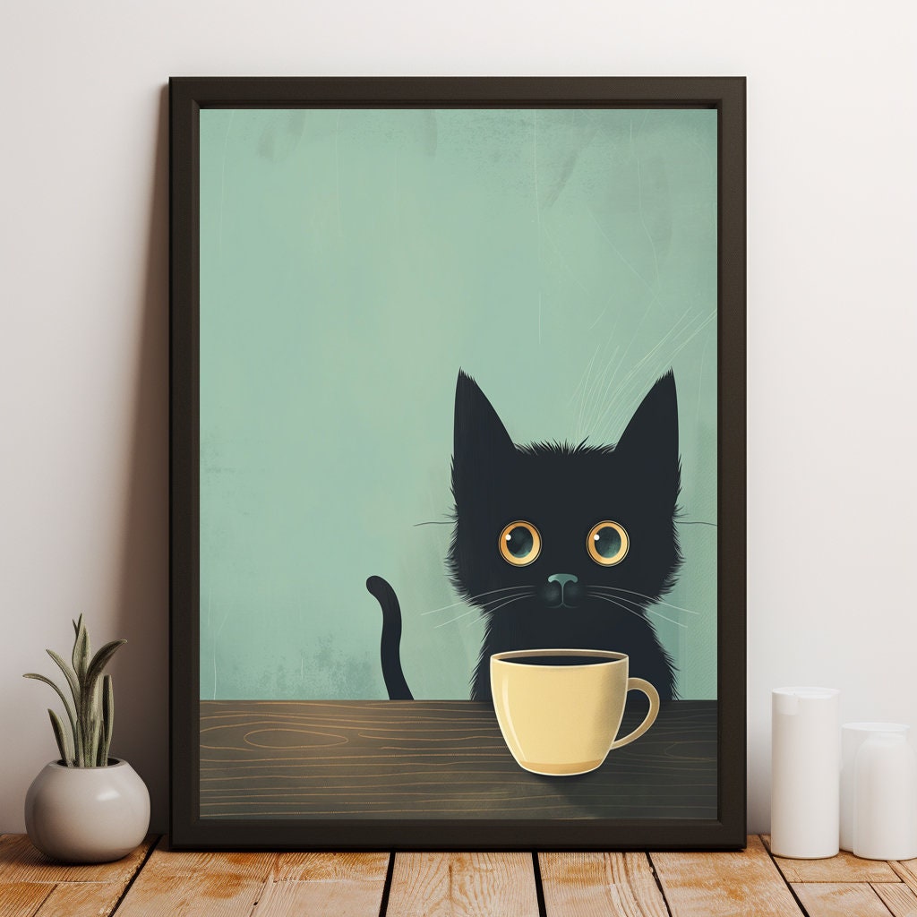 Coffee Print, Black Cat Print of Coffee Drinking, Modern Kitchen Decor, Bistro Coffee Posters ...