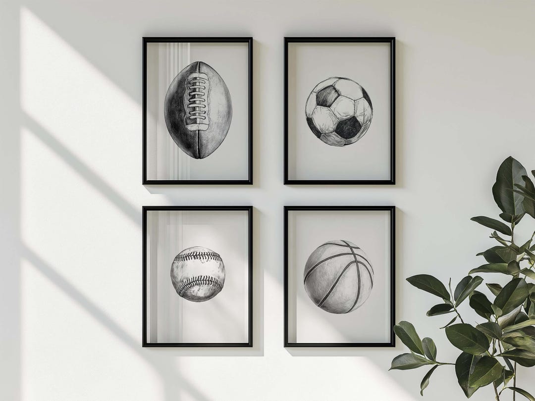 Black and White Sports Ball Wall Art Set of 4, Football Baseball Soccer ...