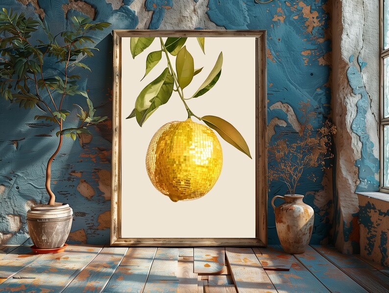 Retro Lemon Disco Ball Print: Funky Bar Cart Art (digital Download) - Etsy