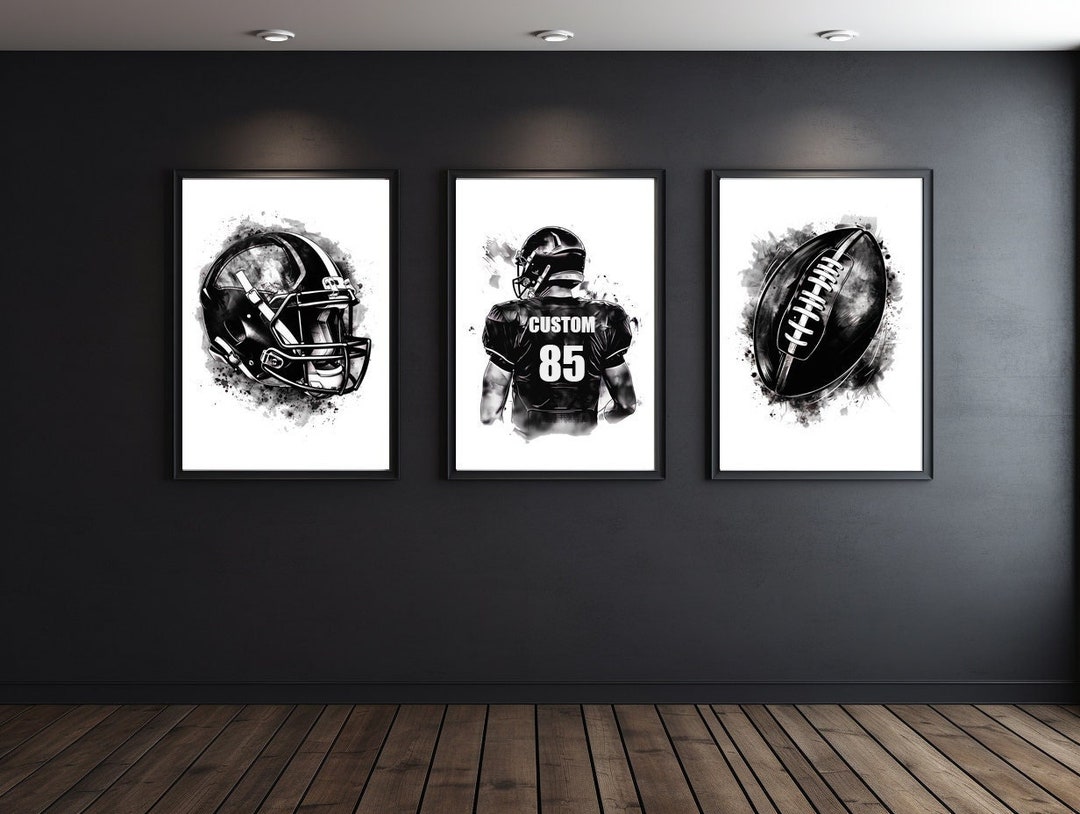 Personalized Football Art Print Set: Black & White Jersey, Helmet, Ball ...