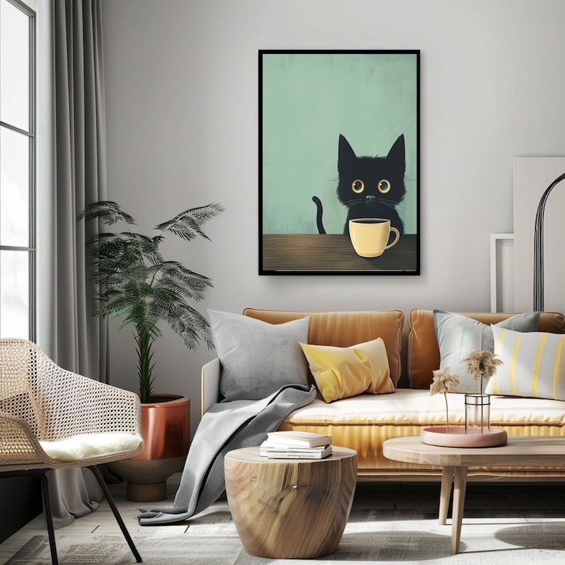 Coffee Print, Black Cat Print of Coffee Drinking, Modern Kitchen Decor, Bistro Coffee Posters ...