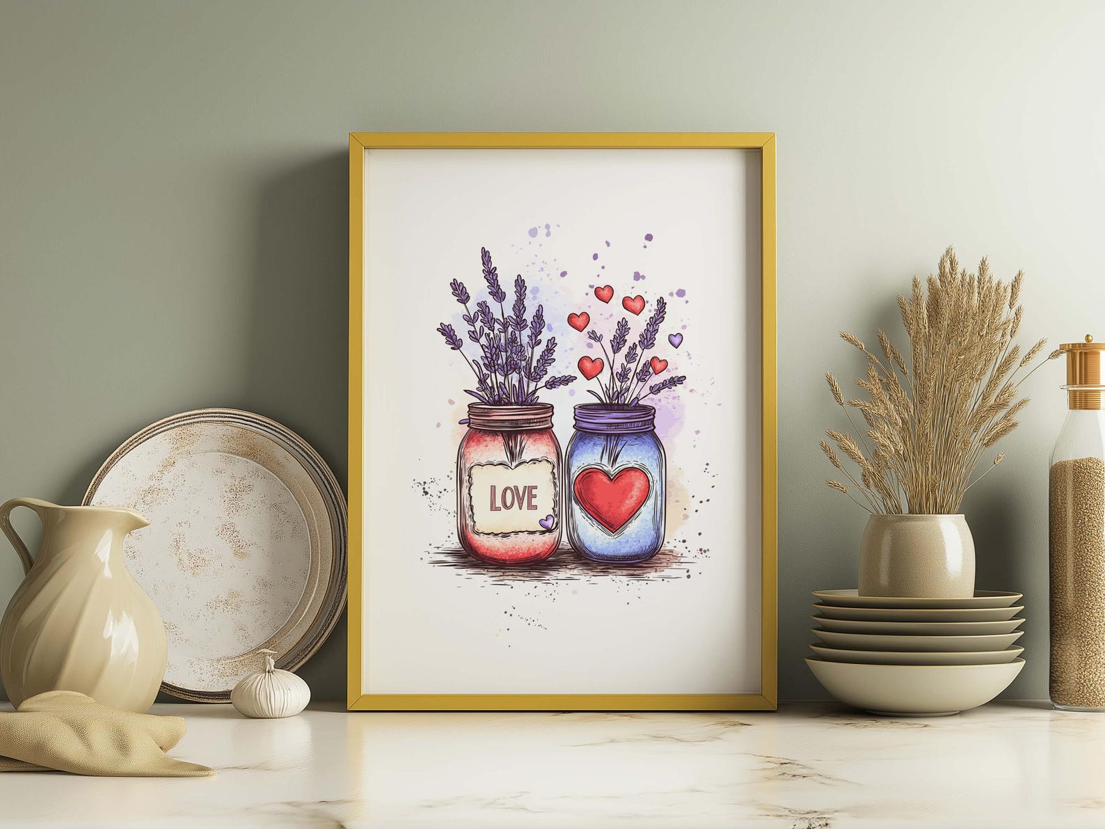 Lámina de amor para pared: Ilustración de lavanda en un tarro de ...
