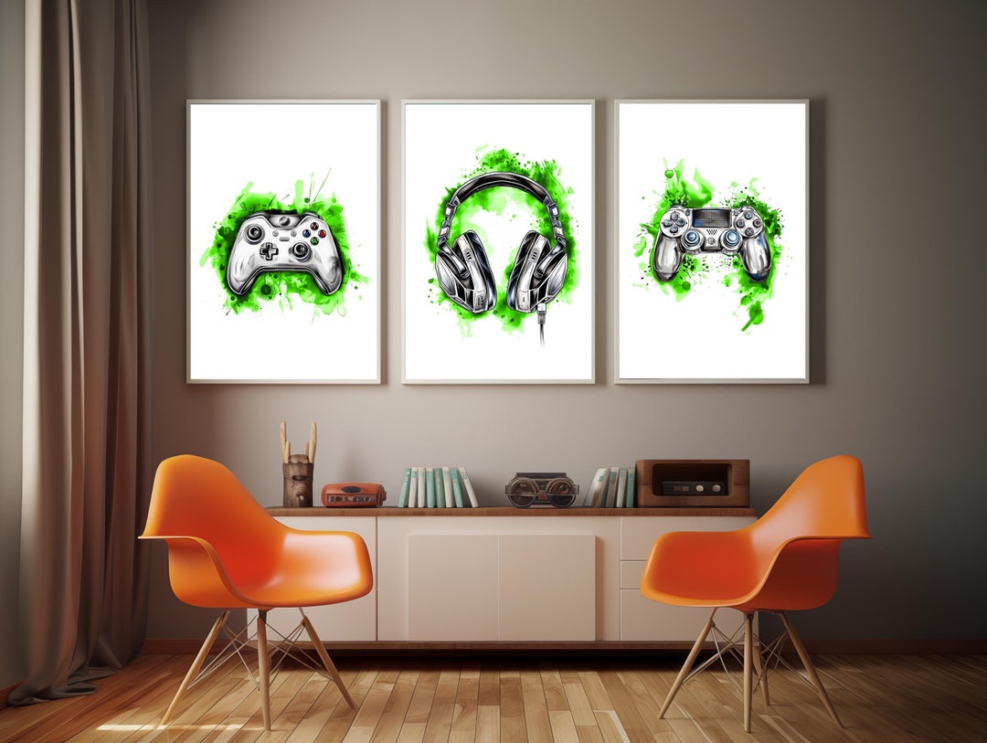 Neon Green Gaming Prints Set of 3, Controllers and Headphone Wall Art ...