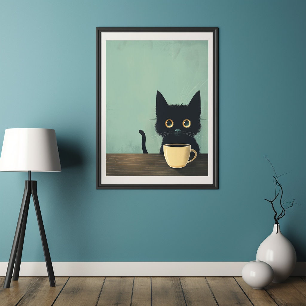 Coffee Print, Black Cat Print of Coffee Drinking, Modern Kitchen Decor, Bistro Coffee Posters ...