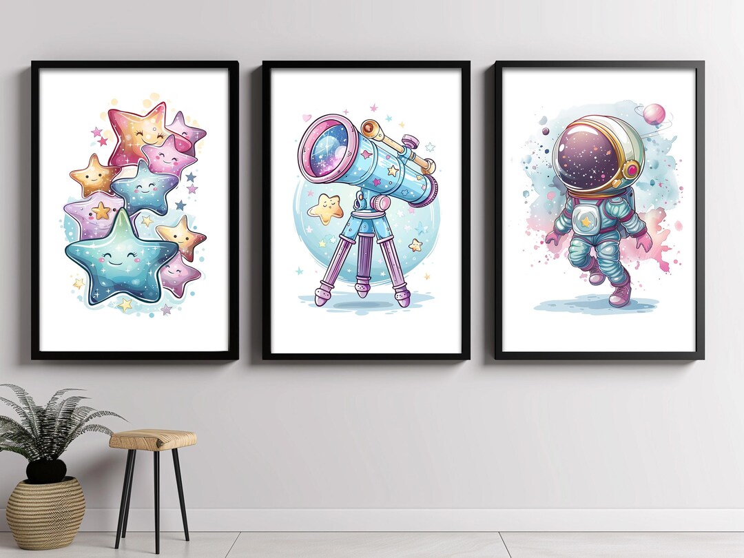 Cute Outer Space Print Set for Girls, Astronaut Telescope & Stars ...