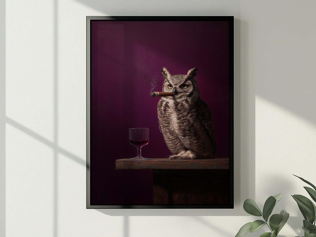 Owl Wall Art: Smoking Cigar and Wine Scene in Moody Burgundy (digital Download) - Etsy