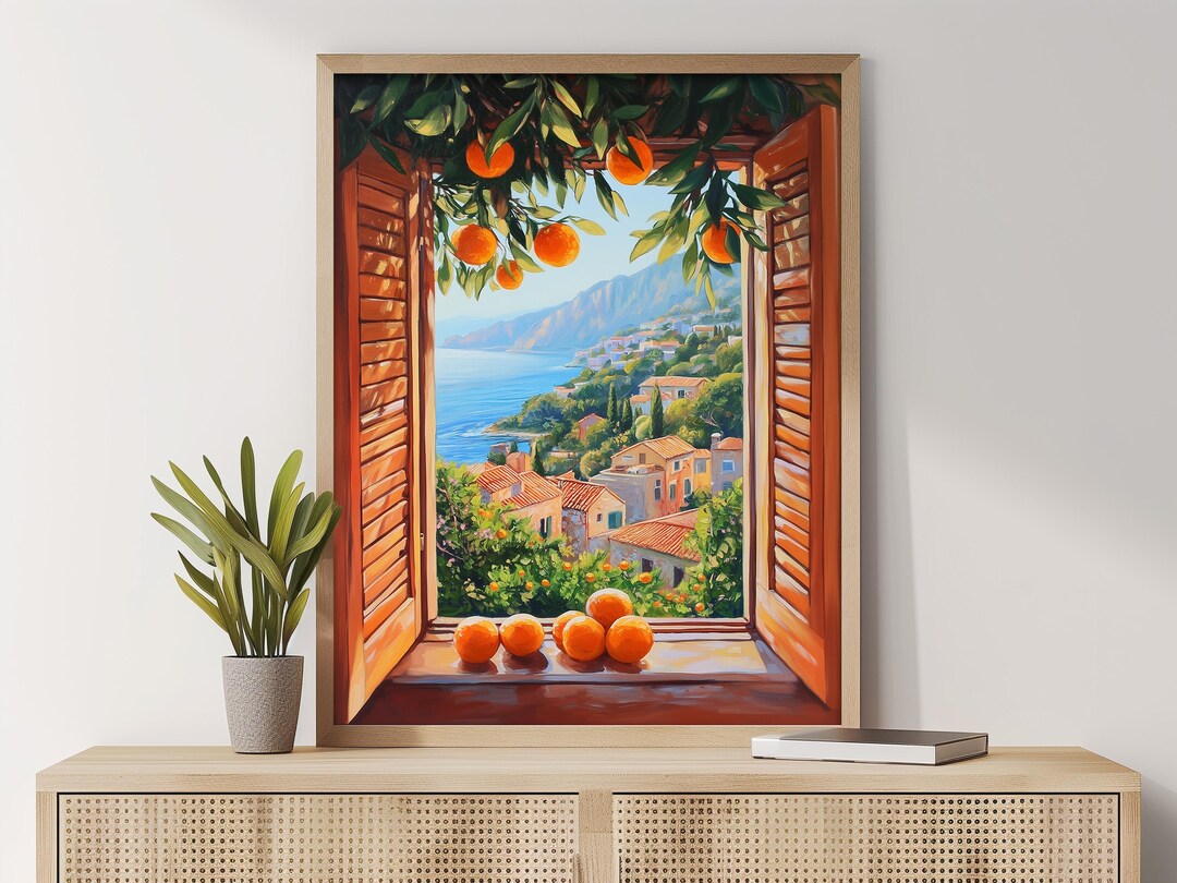 Open Window Wall Art Mediterranean View, Orange Tree Coastal Village ...