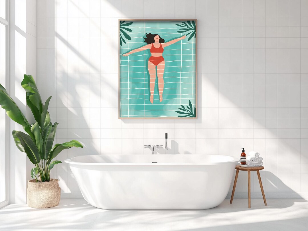 Floating Woman Swimming Pool Wall Art, Minimalist Pool Print, Summer ...