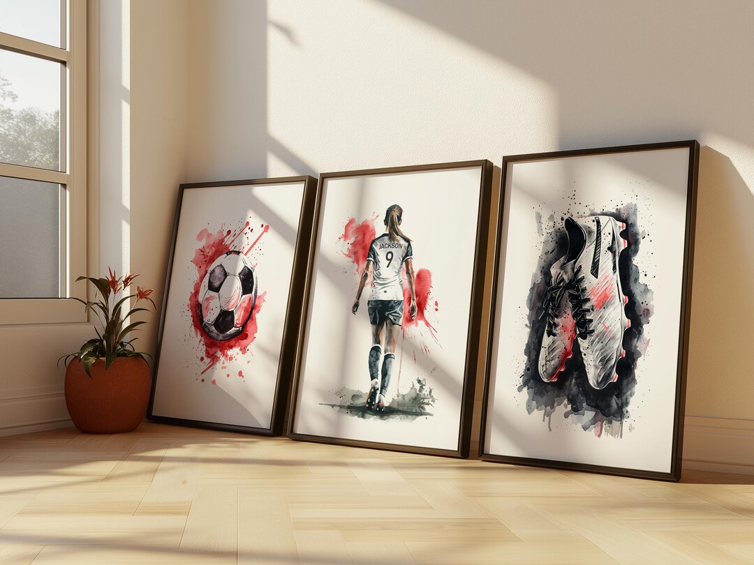 Personalized Soccer Wall Art, 3 Piece Red Watercolor Girl, Ball ...