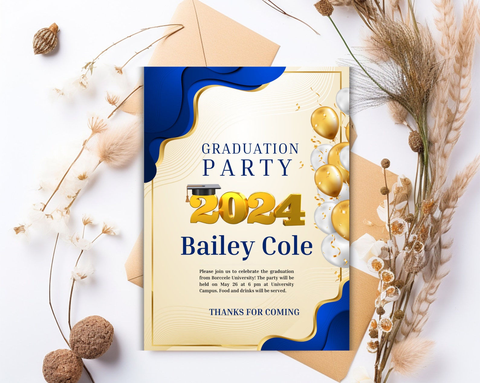 Printable Golden and Blue Illustrated Happy Graduation Day Party ...