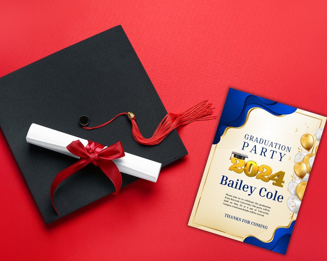 Printable Golden and Blue Illustrated Happy Graduation Day Party ...