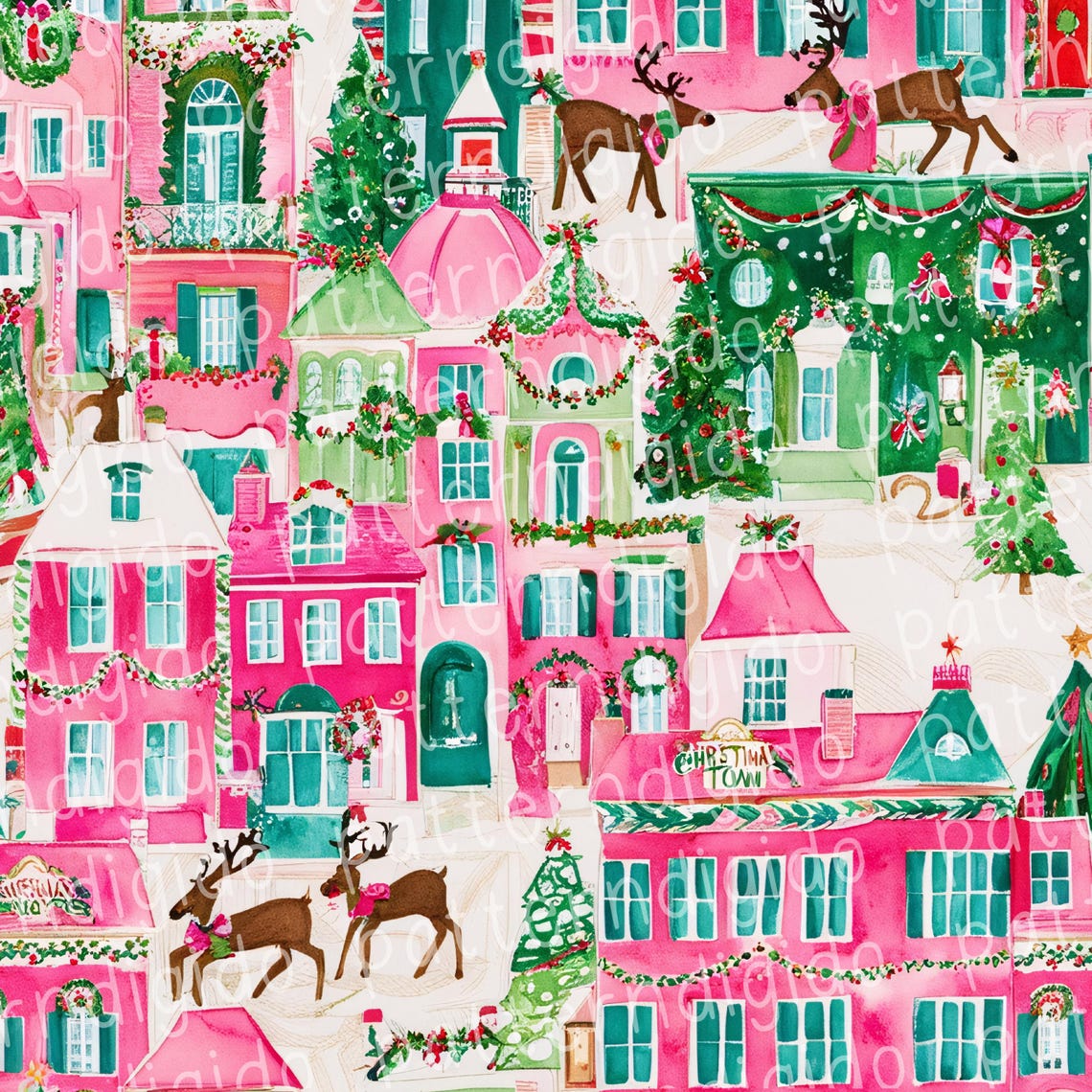 Preppy Pink Christmas Holiday Seamless Pattern Christmas Winter Town ...
