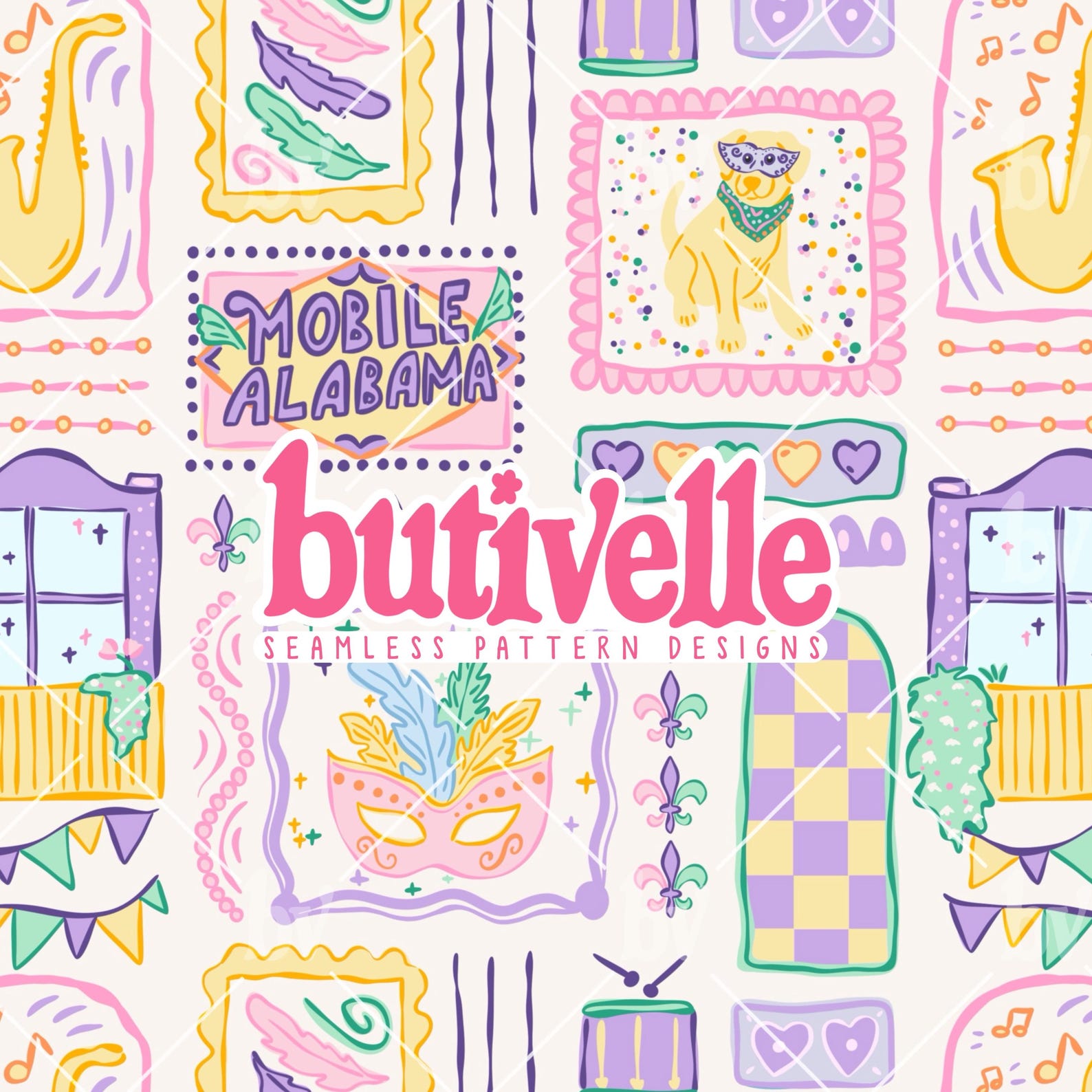 ORIGINAL ART Mobile Alabama Seamless Pattern, Mardi Gras Jazz, Carnival ...