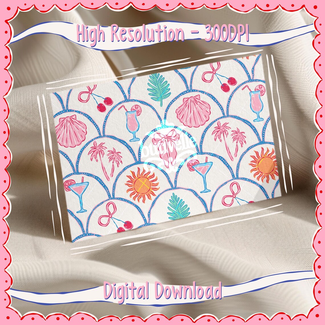 Preppy Summer Seamless Pattern File, Seashell, Bow, Ribbon, Coquette ...