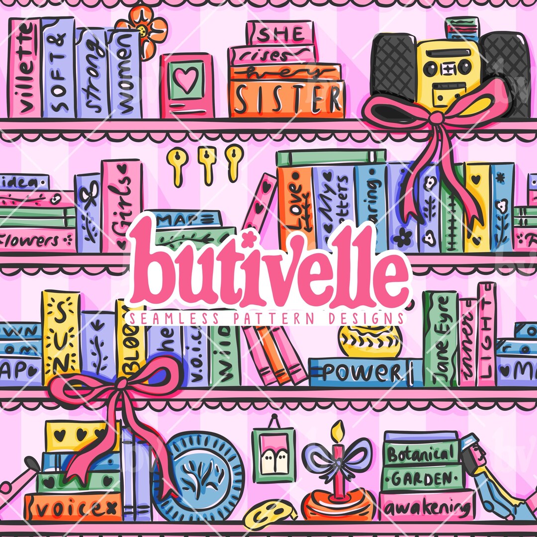 Girly Bookshelf Seamless Pattern, Book Lover Bows, Empowered Women ...