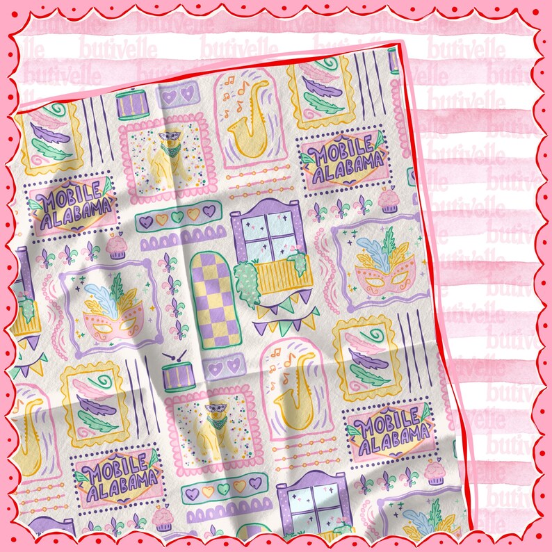 ORIGINAL ART Mobile Alabama Seamless Pattern, Mardi Gras Jazz, Carnival ...