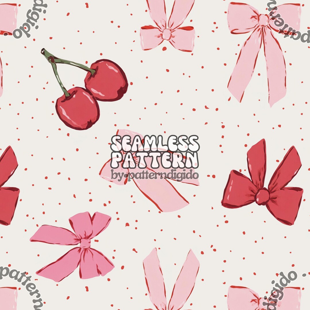 Coquette Cherry Seamless Repeat Pattern, Preppy Cherry, Pink Red Ribbon ...