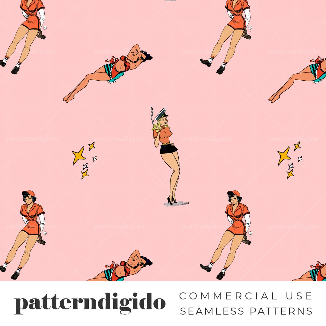 Pinup Girls Seamless Pattern, Retro Pinup Repeating Pattern Files, Pink ...