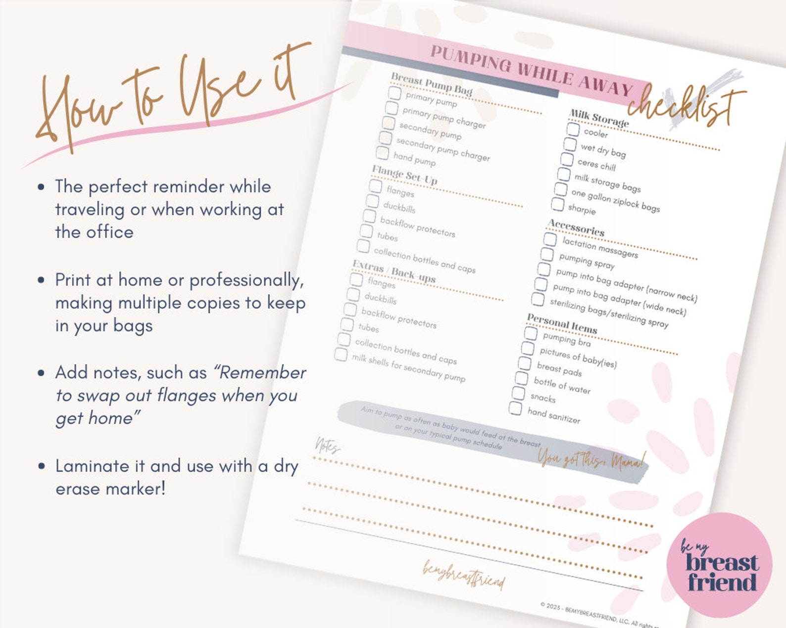 Breastfeeding - Pumping Bag Checklist Printable | Packing List Template ...