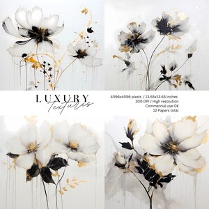 Floral Digital Paper, White Black Gold, Flowers Paper, Painted Paper ...
