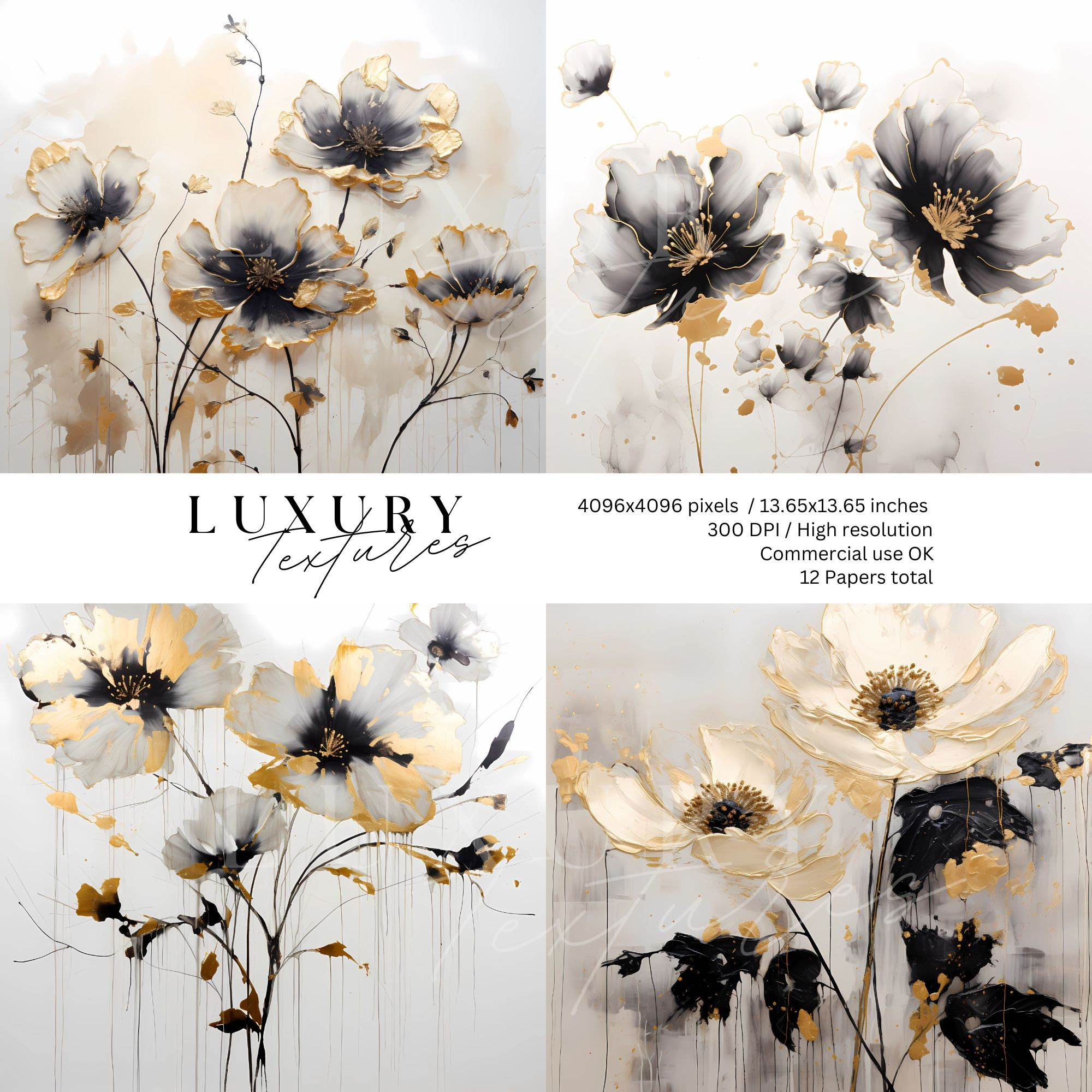 Floral Digital Paper, White Black Gold, Flowers Paper, Painted Paper ...