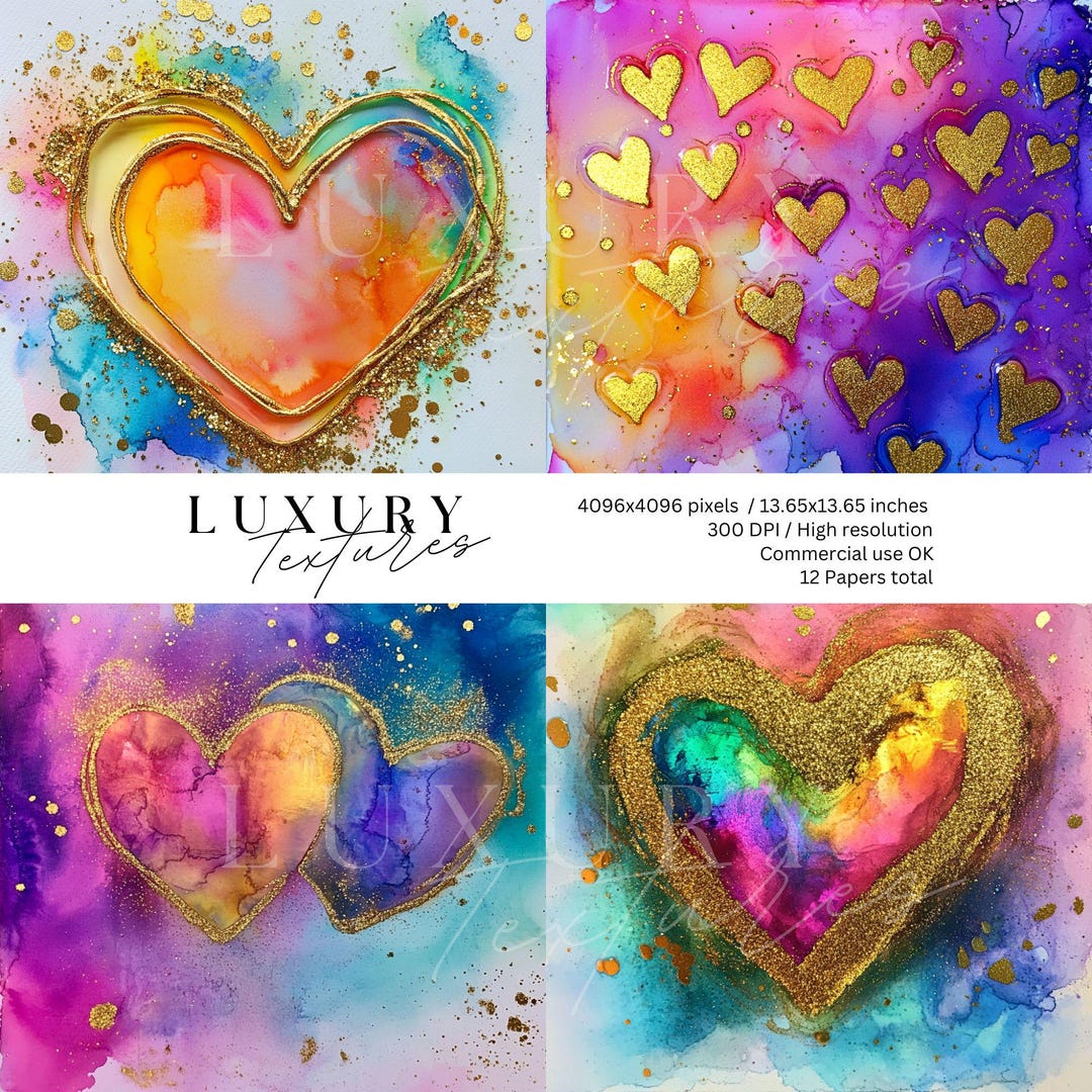 Hearts Digital Paper, Rainbow Heart, Valentines, Watercolors, Gold ...