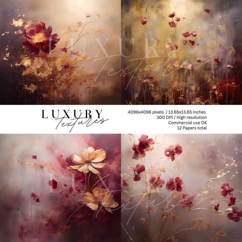 Floral Digital Paper, Burgundy Gold, Flowers Paper, Painted Paper ...