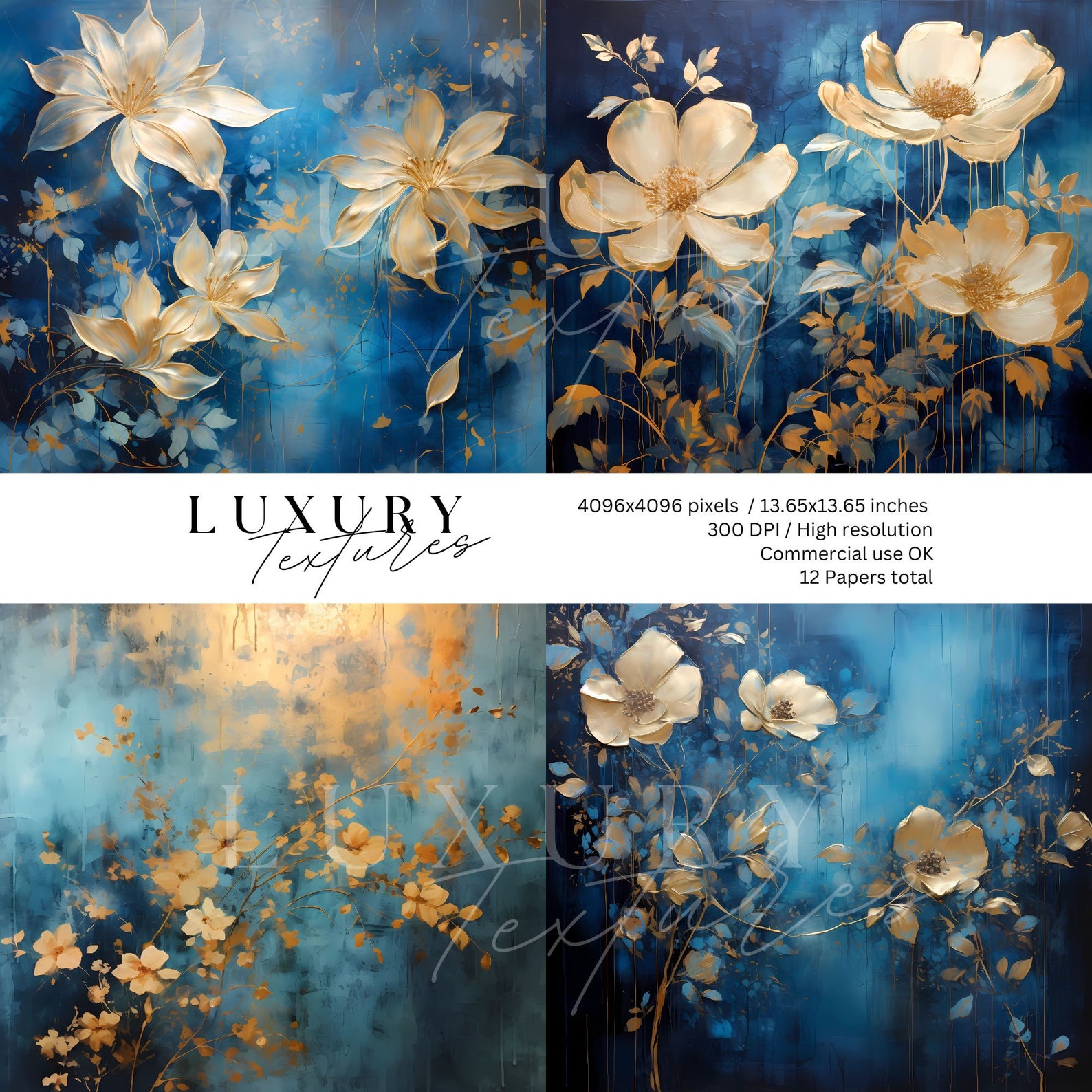 Floral Digital Paper, Navy Blue Gold, Flowers Paper, Painted Paper ...