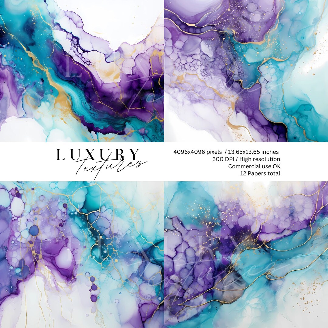 Marble Digital Paper, Aqua Gold, Purple Blue Paper, Painted Paper ...