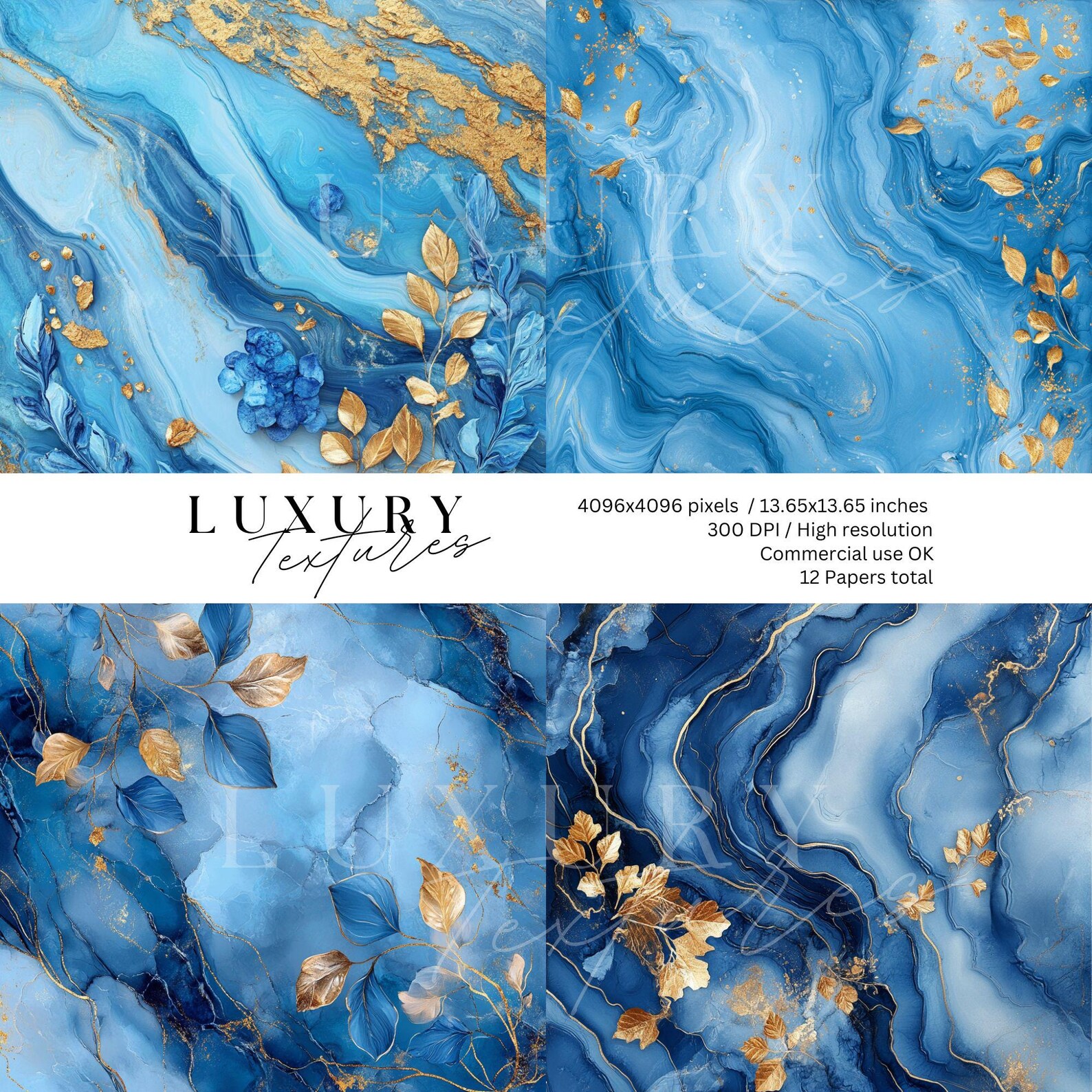 Leaves Paper, Nature Paper, Leaf, Blue Gold, Marble Background, Painted ...