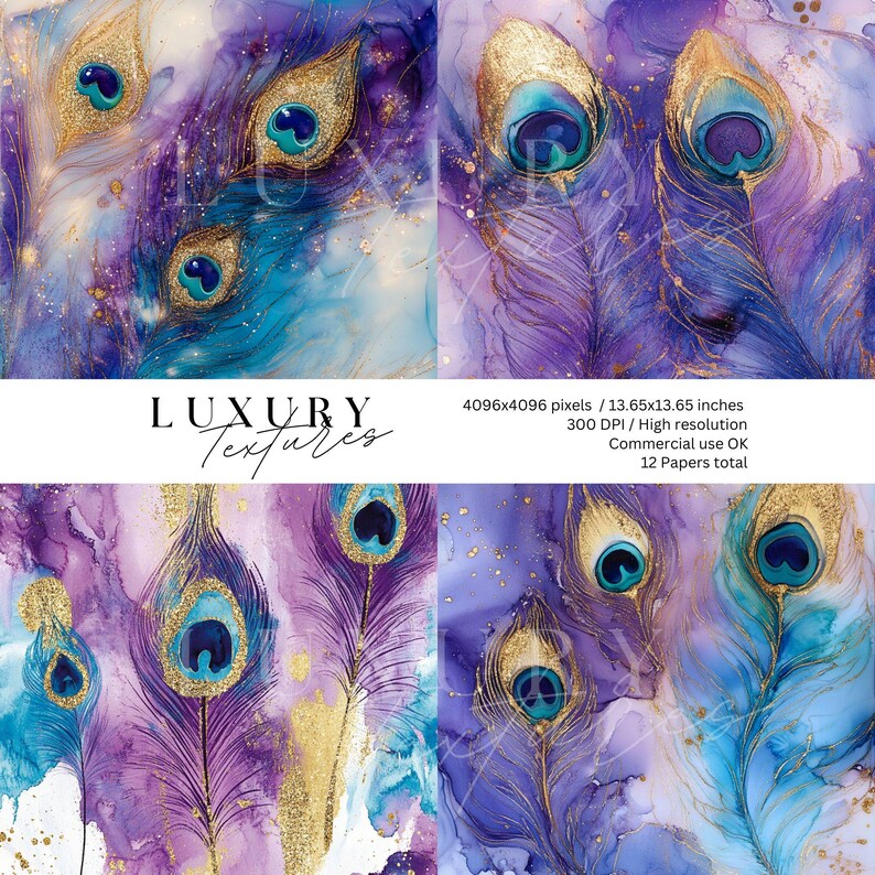 Peacock Feathers Paper, Watercolor Paper, Purple Blue Gold Paper ...
