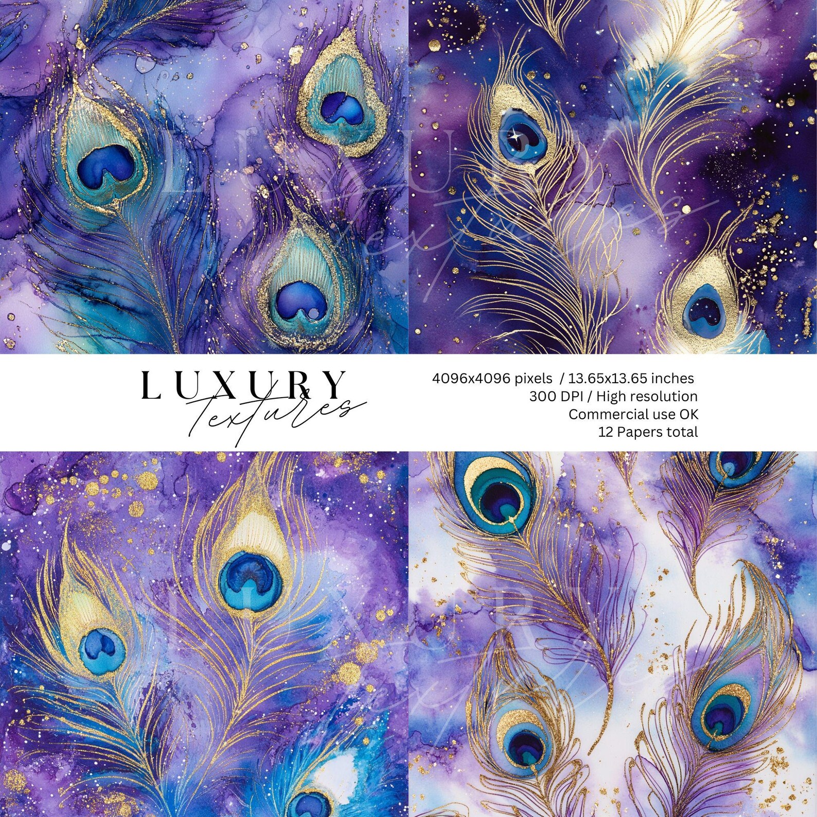 Peacock Feathers Paper, Watercolor Paper, Purple Blue Gold Paper ...