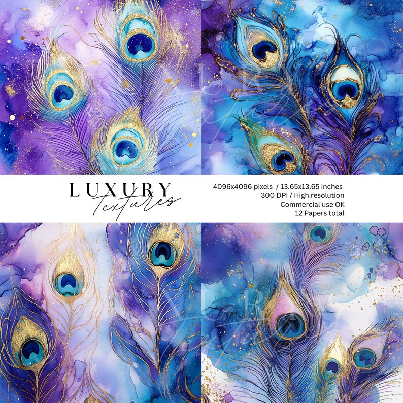 Peacock Feathers Paper, Watercolor Paper, Purple Blue Gold Paper ...