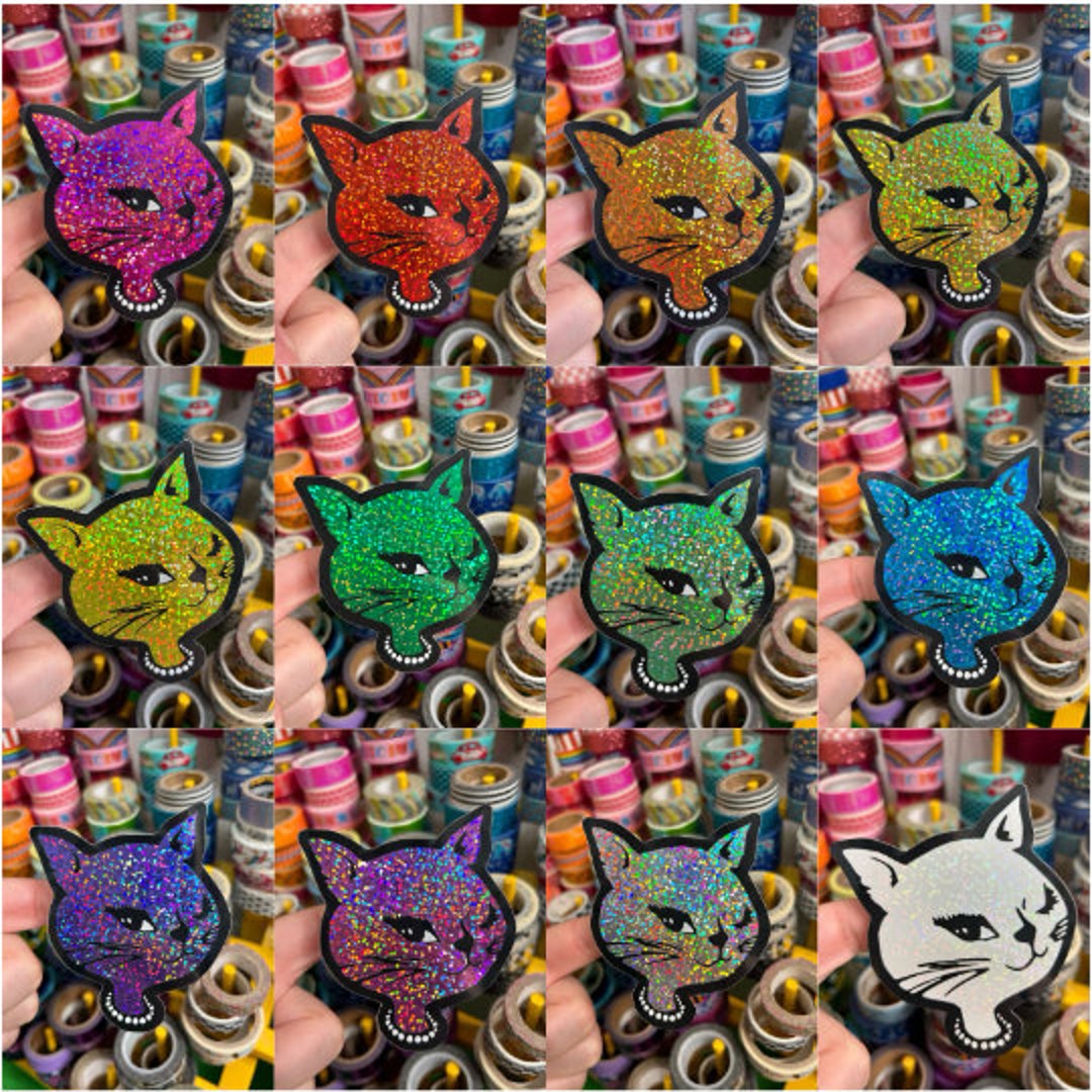 Retro Sparkle Glitter Rainbow Winking Cat Sticker Retro Vending - Etsy
