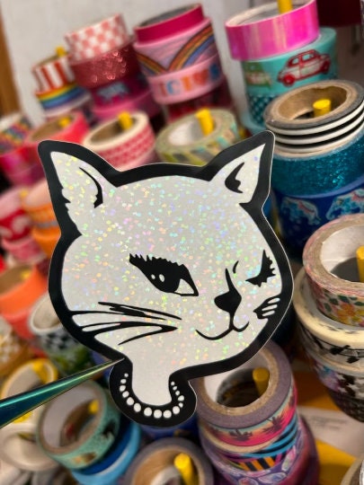 Retro Sparkle Glitter Rainbow Winking Cat Sticker Retro Vending - Etsy