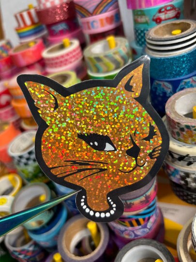 Retro Sparkle Glitter Rainbow Winking Cat Sticker Retro Vending - Etsy