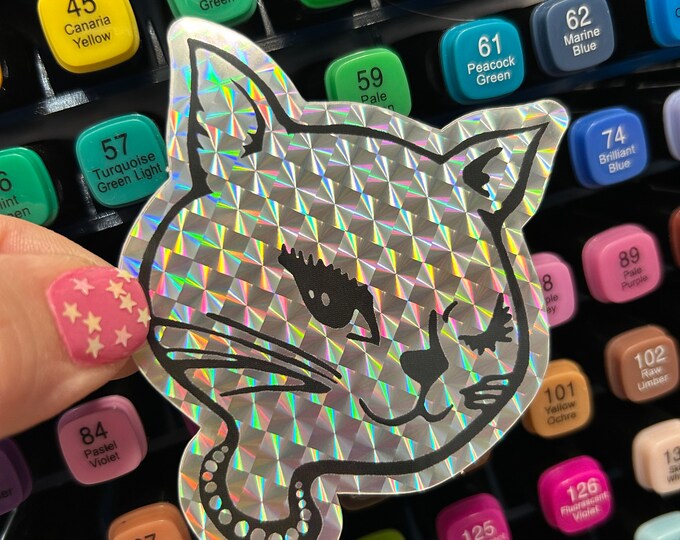 Sparkle Prismatic Retro Winking Cat Sticker Silver - Etsy