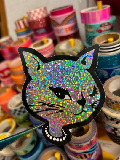 Retro Sparkle Glitter Rainbow Winking Cat Sticker Retro Vending - Etsy